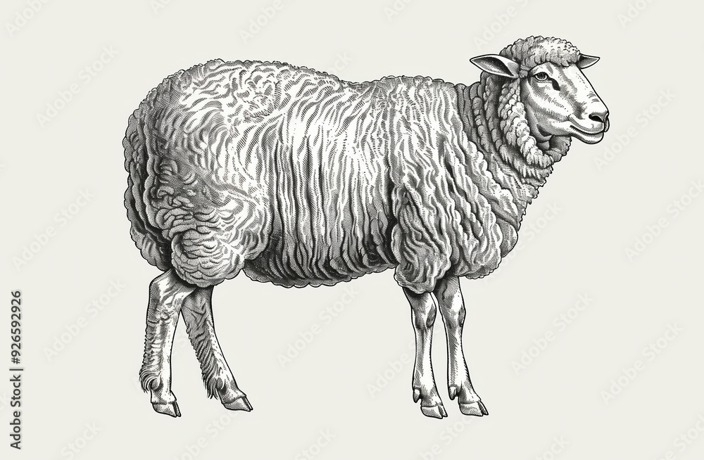 Sheep, lamb. Vintage retro print, black white sheep lamb sketch ink ...