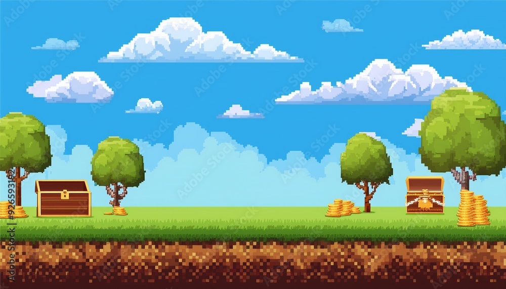 Retro-style video game background with a grassy field, trees, sky ...