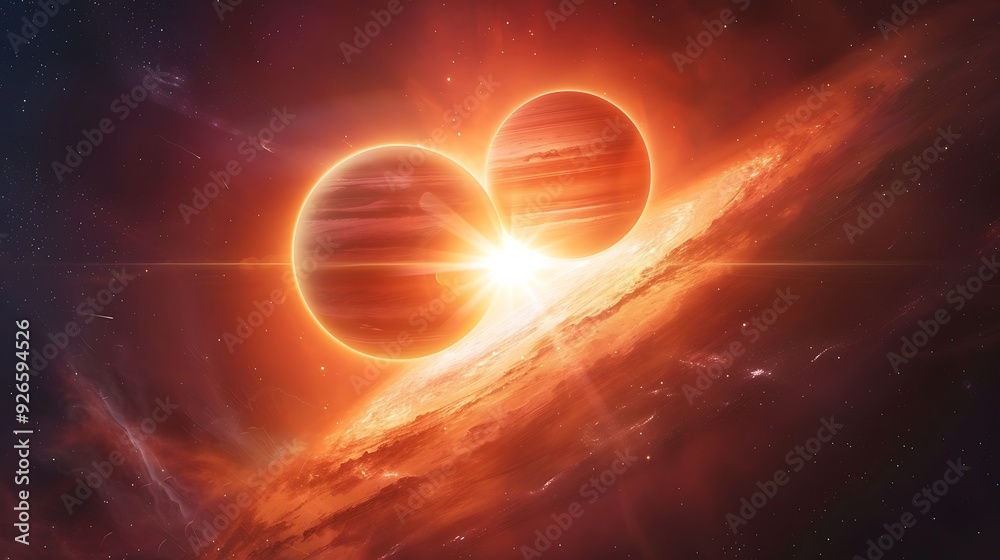 Two stars in a binary system orbiting each other, casting dual shadows on a rocky planet ...