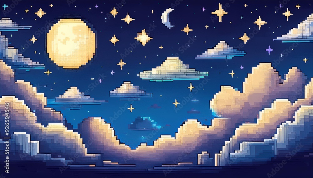 Starry night sky in pixel art style. Features moon, clouds, and bright ...