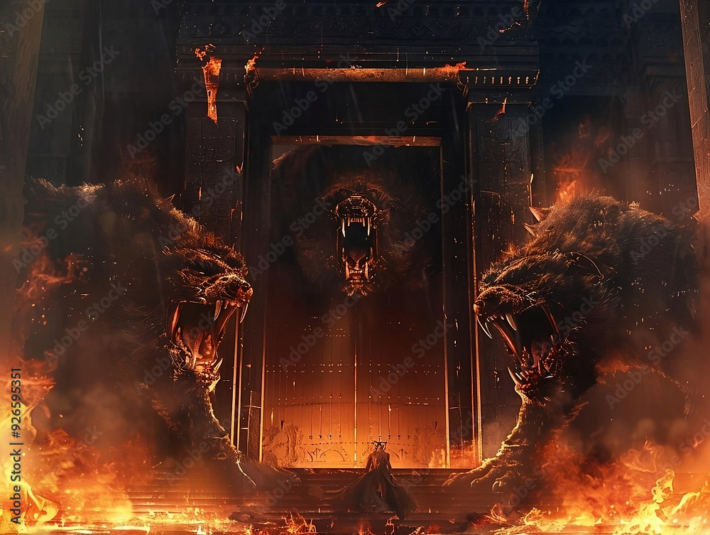 Snarling Cerberus-like beasts guarding a fiery, gothic gate with flames ...