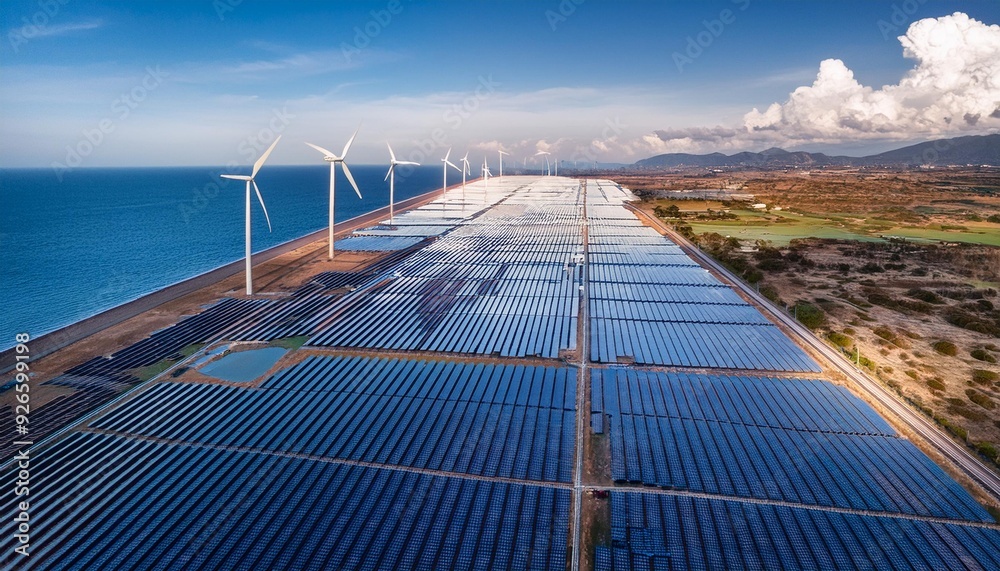 Wind turbines and solar panels power the fields near the sea, using ...