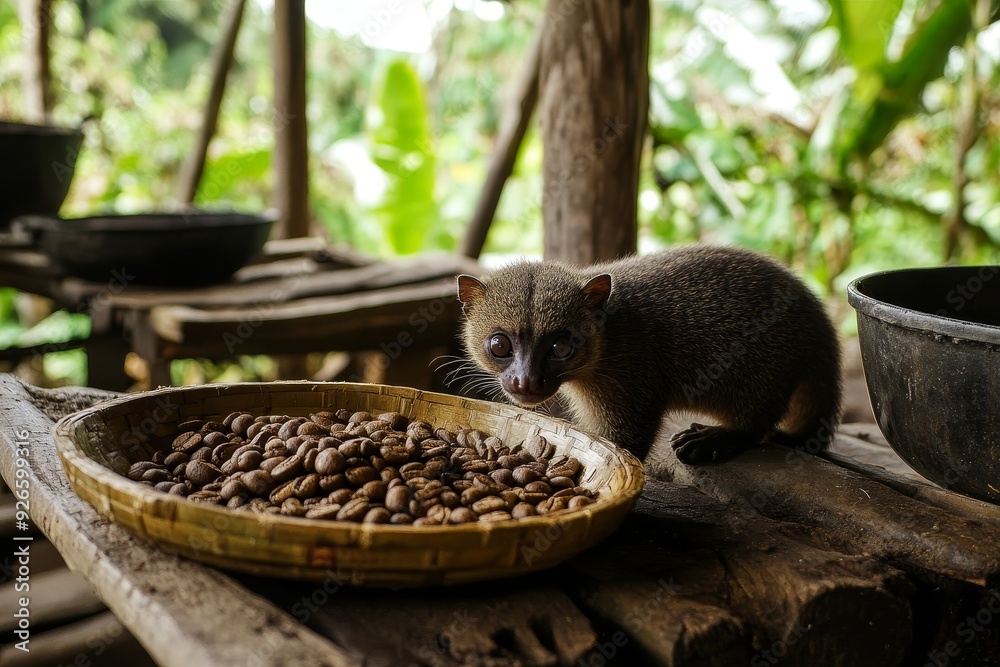 A curious civet cat peers at a bowl of coffee beans, symbolizing the ...