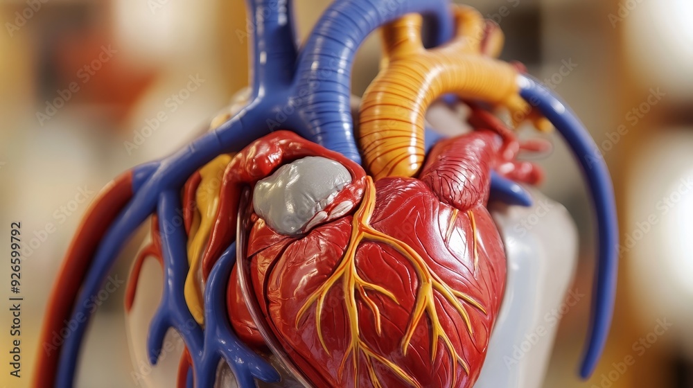 A detailed anatomical model of a human heart with veins and arteries ...