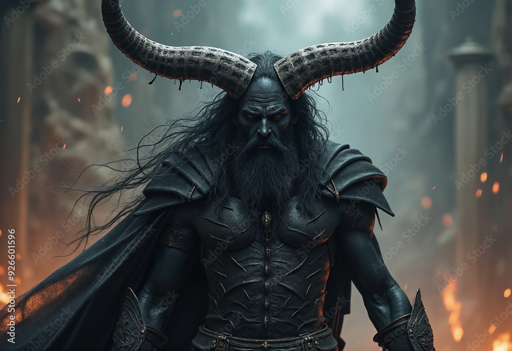 Hades in the underworld, the ancient greek god, horned, black skin and ...