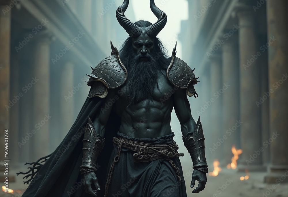 Hades in the underworld, the ancient greek god, horned, black skin and ...