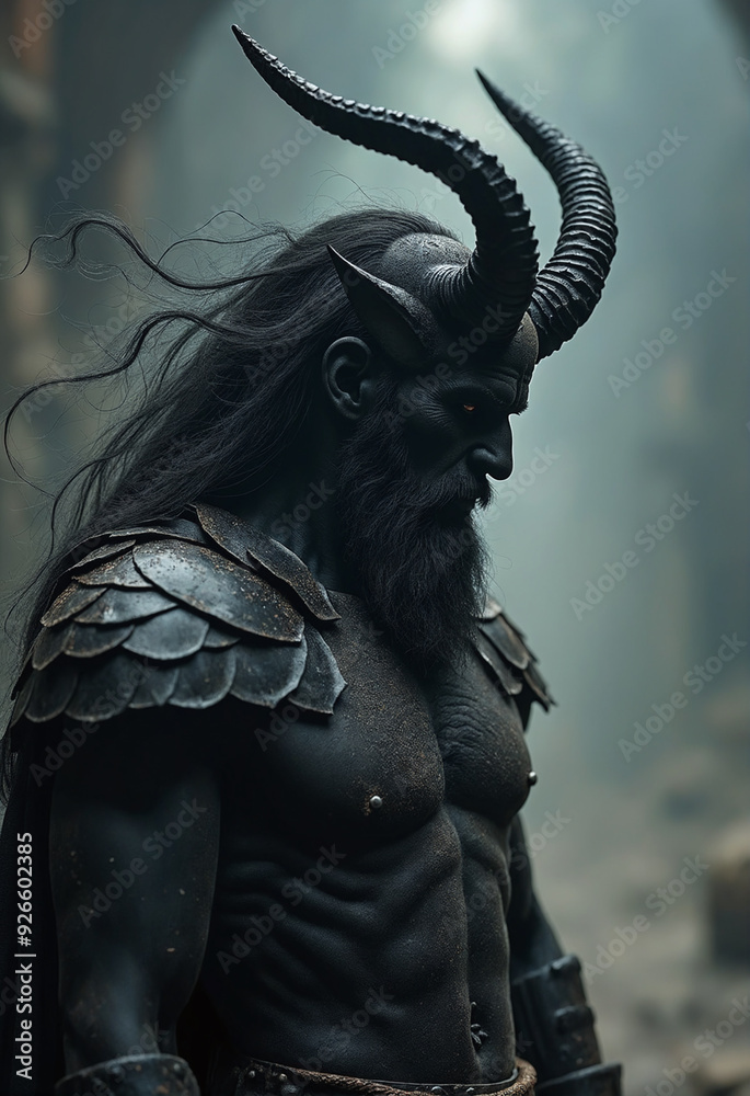 Hades in the underworld, the ancient greek god, horned, black skin and ...