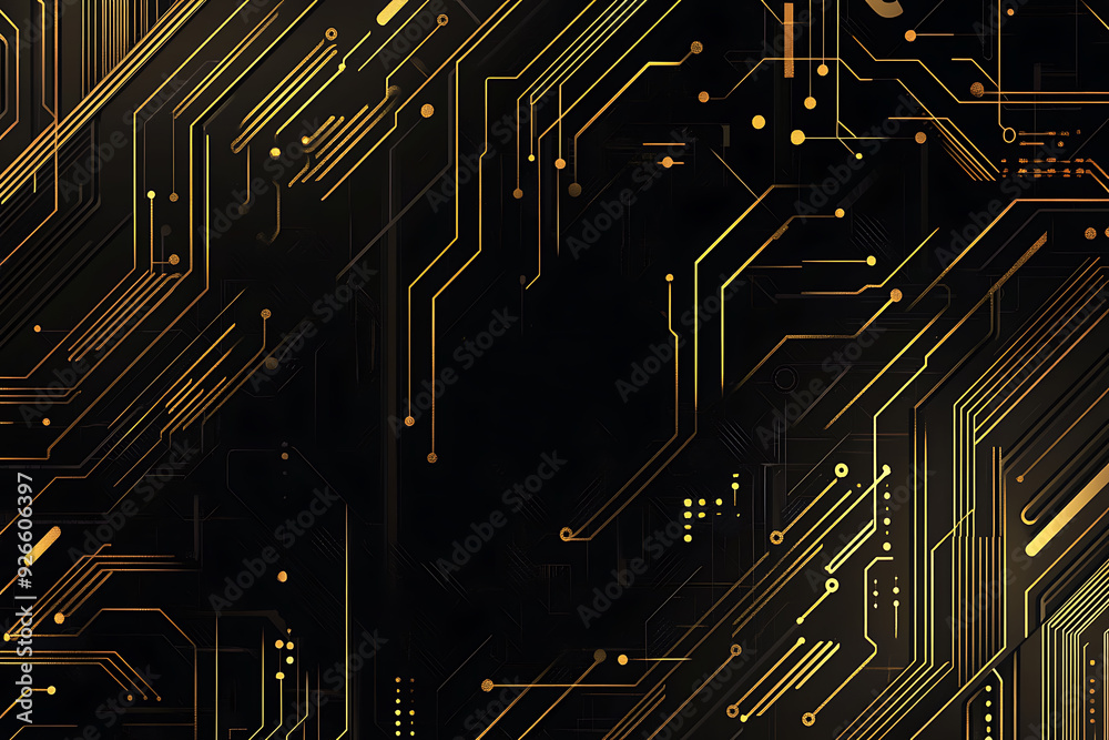 A modern abstract design featuring gold lines and dots representing ...