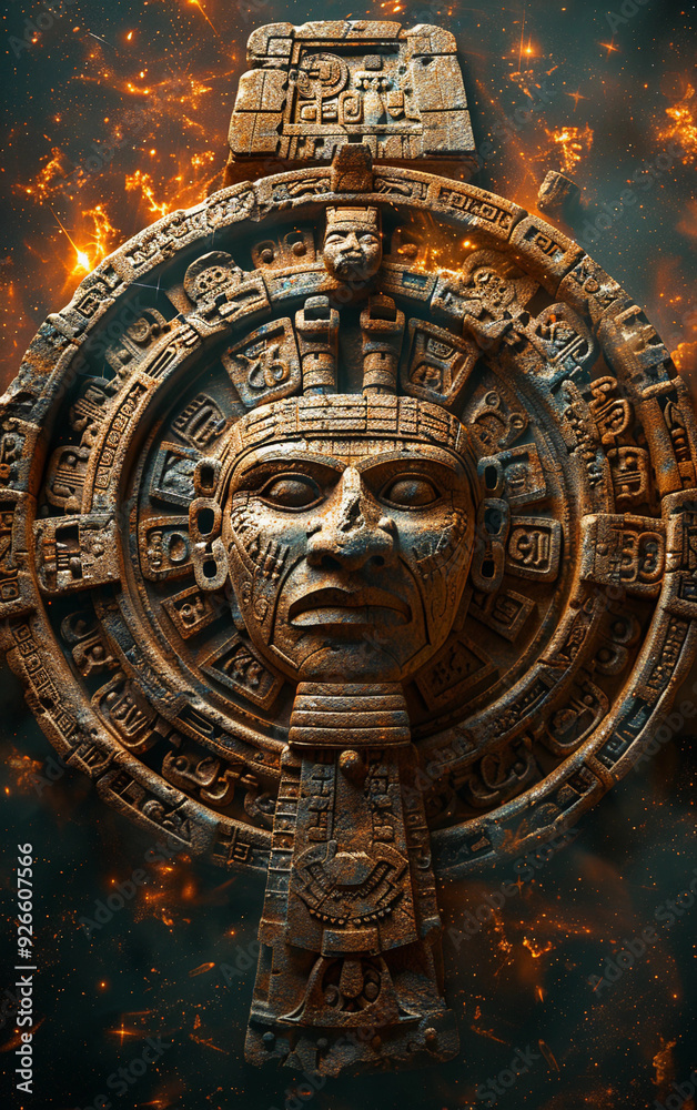 A large, ancient looking stone with a face carved into it. The face is ...