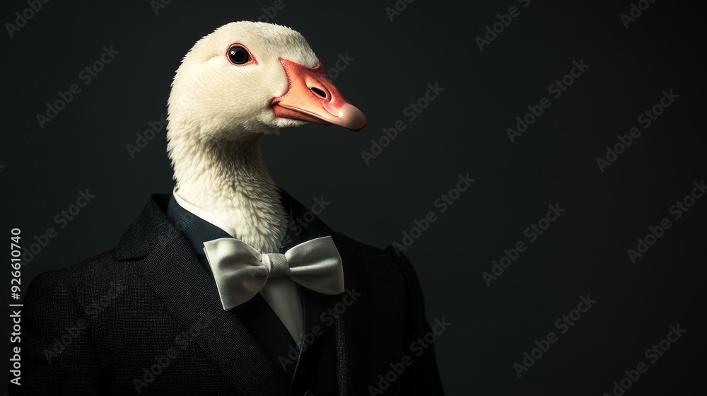 A white goose wearing a black suit and a bow tie, showcasing a humorous ...