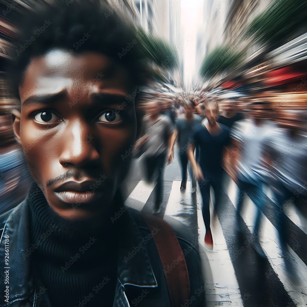 A person standing in the middle of a busy street with face shows a mix ...