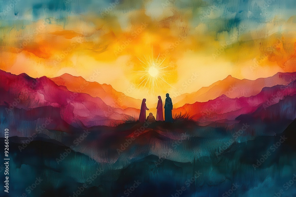 Whimsical Watercolor Nativity Scene Soft Luminous Colors Mary Joseph