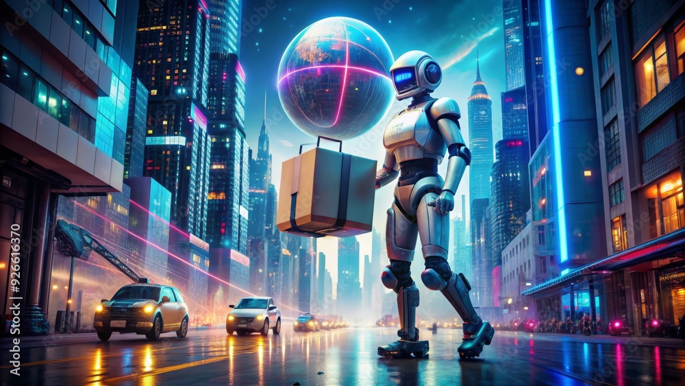A futuristic autonomous robot navigates through a bustling city street ...