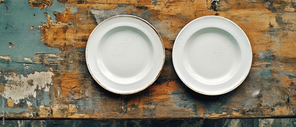 Empty plates on a worn table symbolizing hunger food scarcity and ...
