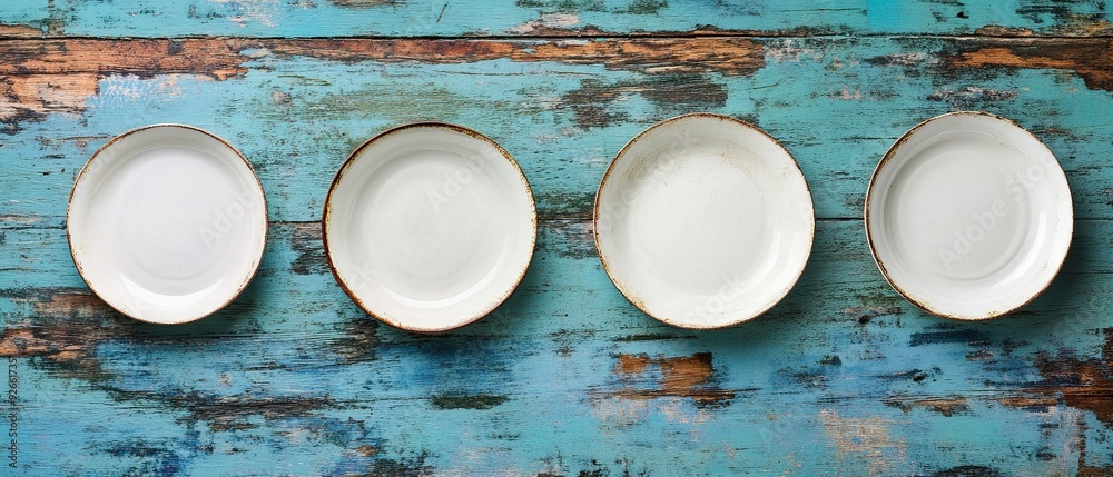 Empty plates on a worn table symbolizing hunger food scarcity and ...