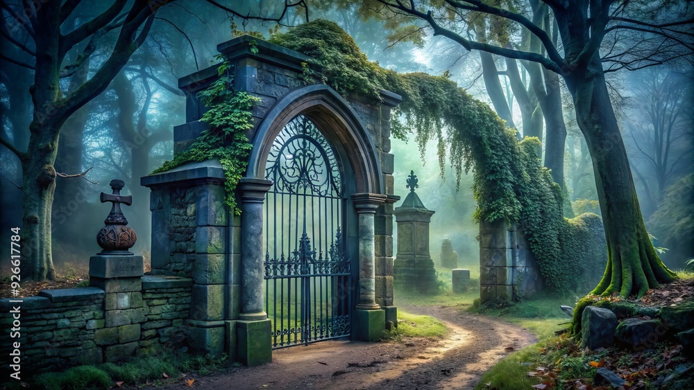 Aged stone gateway with intricate ironwork and ivy-covered columns ... Aged stone gateway with intricate ironwork and ivy-covered columns ...