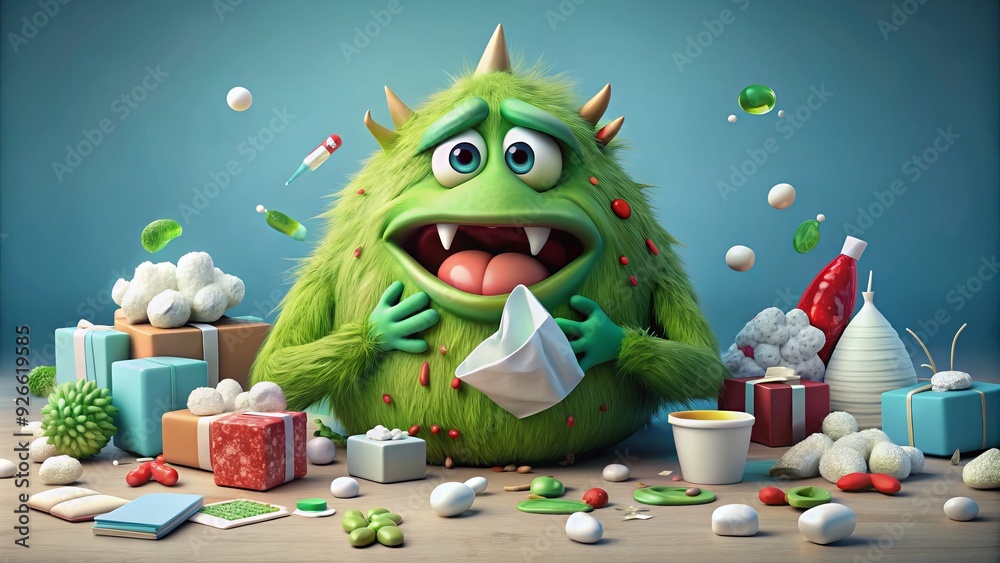 A humorous cartoon illustration of a red nosed, sneezing, and coughing ...