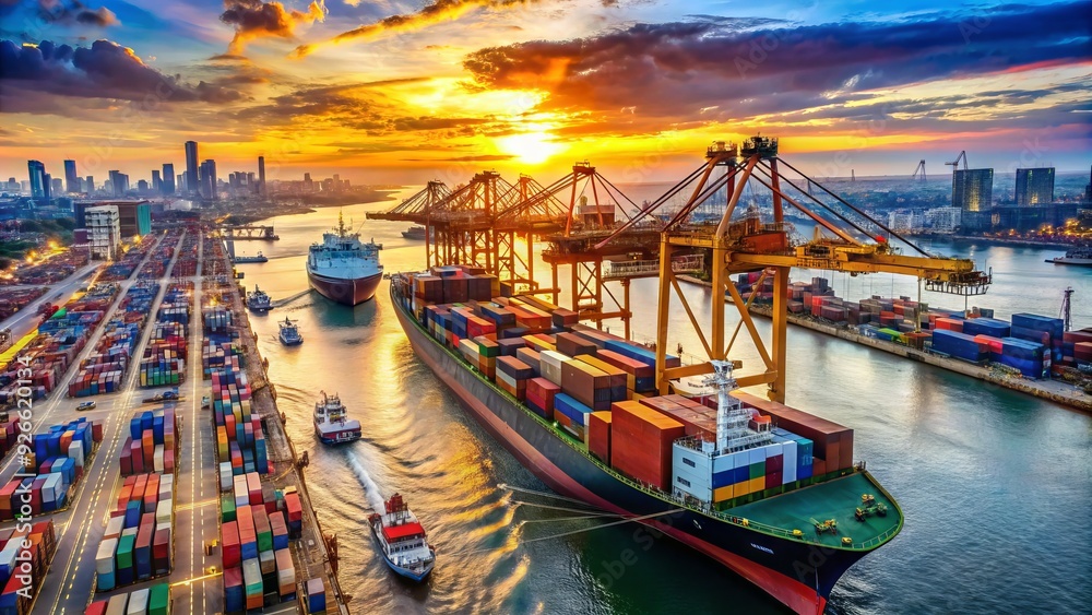 A large cargo ship navigates through a busy port surrounded by cranes ...
