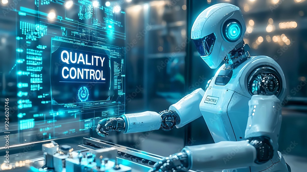 Quality Control A robotic inspector with a holographic display of ...