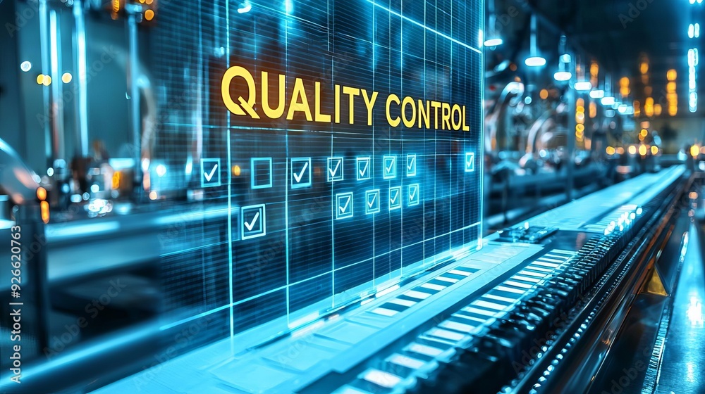 Quality Control A quality control checklist with holographic tick boxes ...