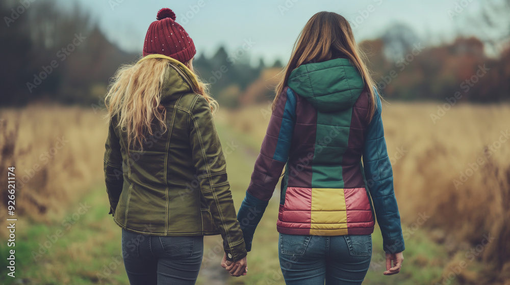 Two close friends stroll hand in hand along a beautiful and serene ...