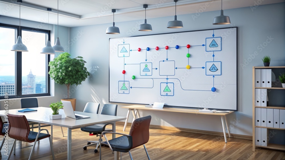 A modern classroom with a whiteboard displaying a flowchart of career ...