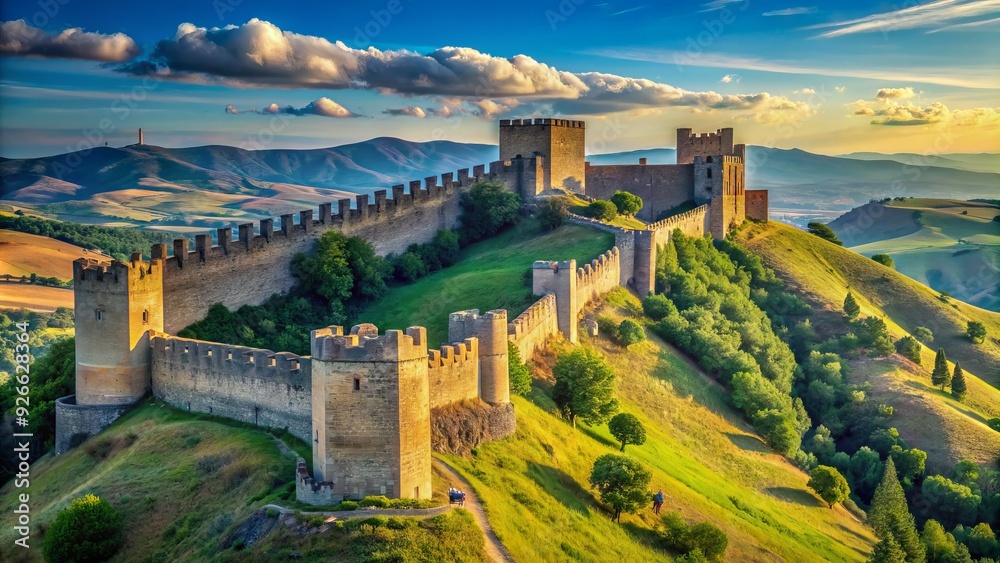 Ancient fortification wall with battlements and towers stands proudly ...