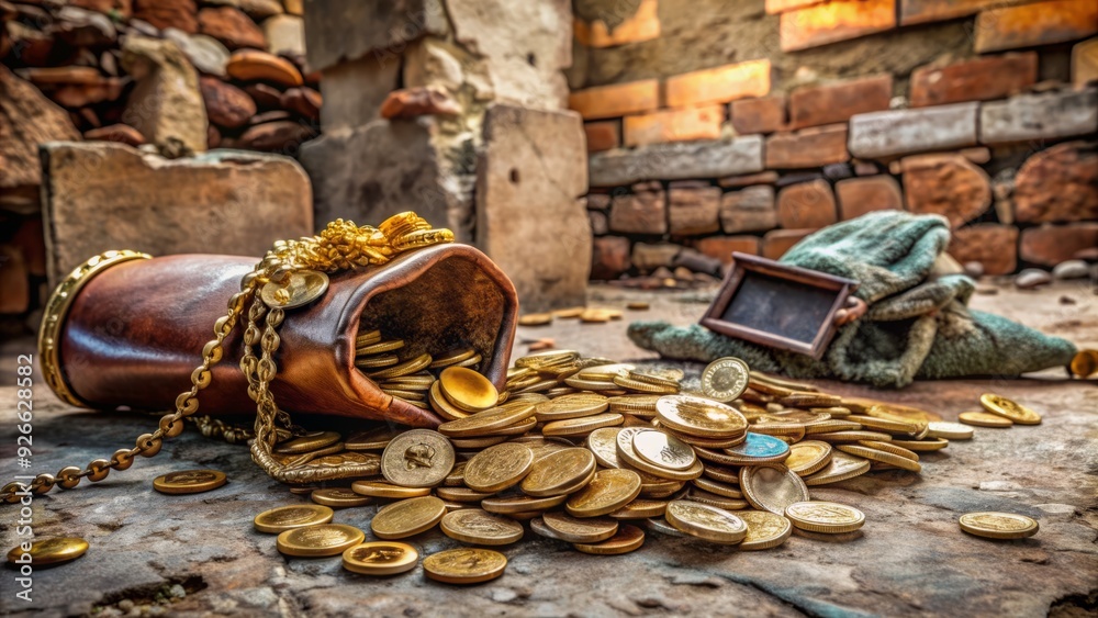 Ancient Roman coins and gold jewelry spilled from a worn leather pouch ...