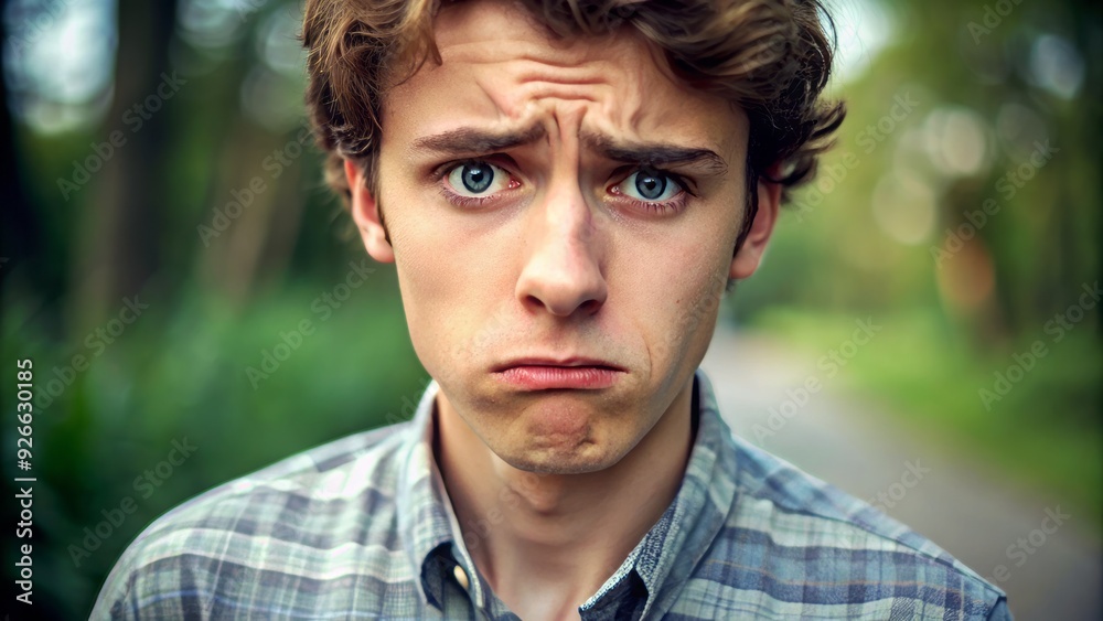 Anxious young adult biting lip, furrowing brow, and avoiding eye ...