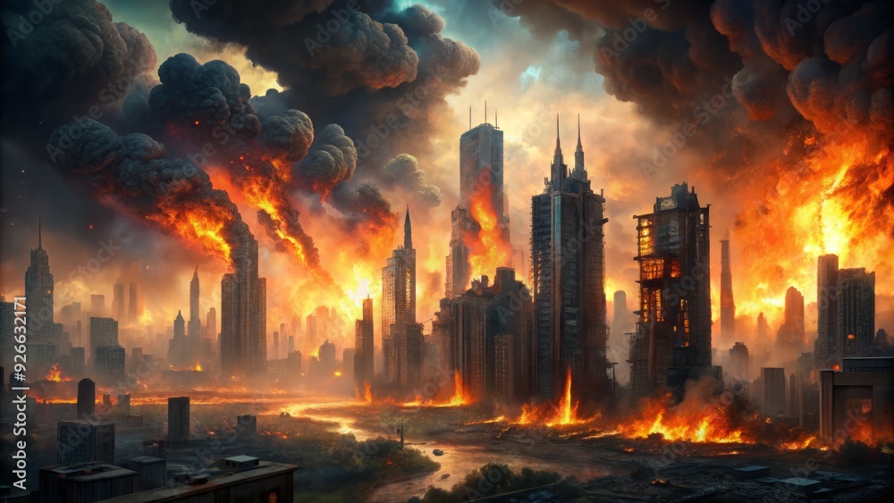 Apost-apocalyptic illustration of a city ablaze, with flames engulfing ...