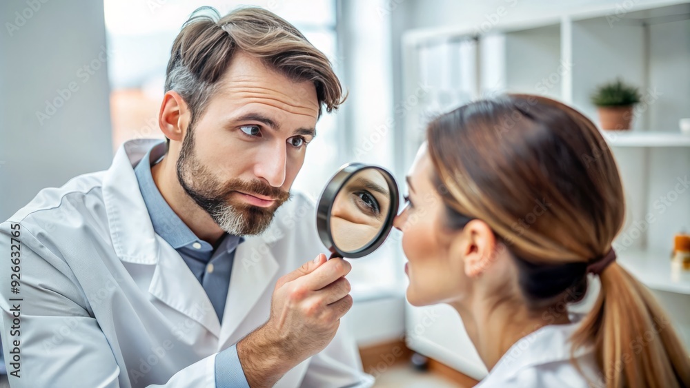 A professional dermatologist in a white coat examines a patient's face ...