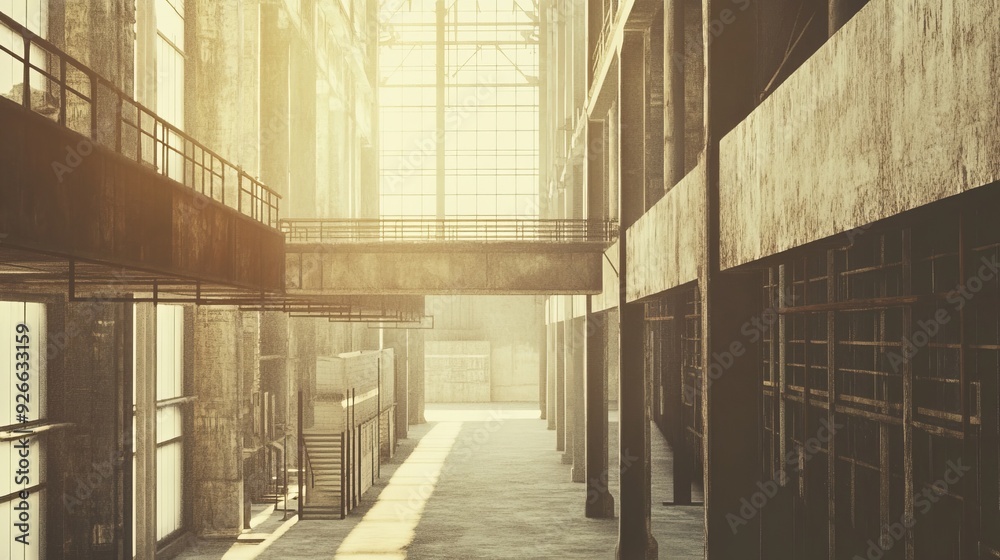 Sunbeams illuminate an empty industrial building with a walkway ...
