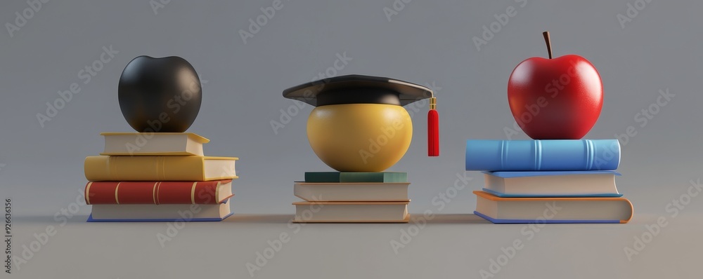 Stacks of books topped with an apple, graduation cap, and sphere. Stock ...