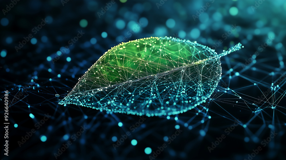 Abstract concept of an AI-inspired leaf made from interconnected dots ...
