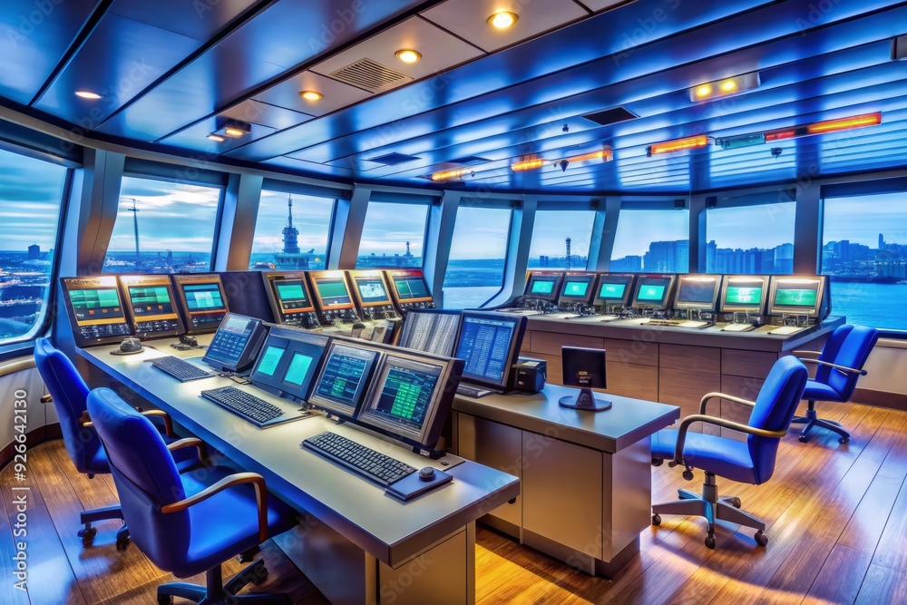 Modern cargo ship's control room featuring a bank of screens displaying ...