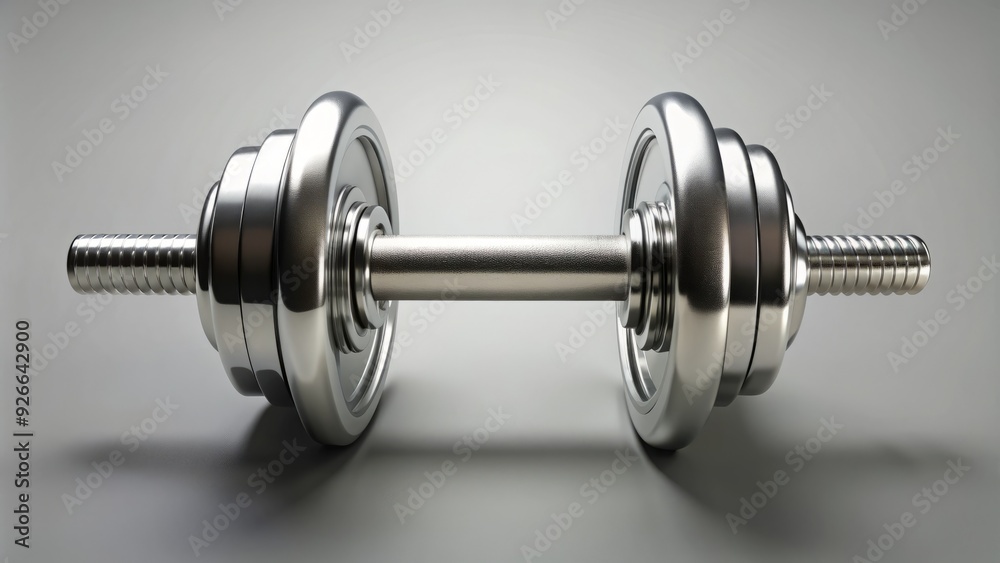 A solitary silver dumbbell centered on a light grey background, its ...