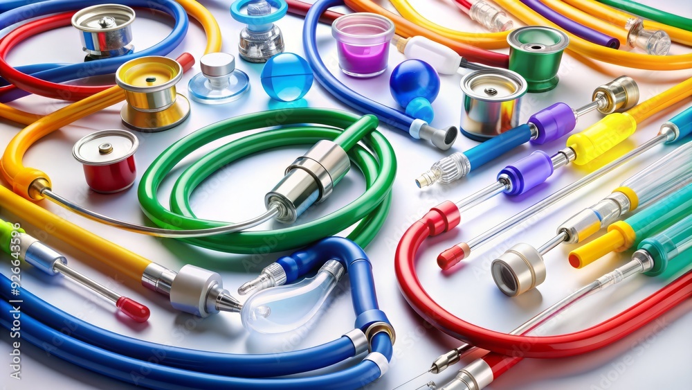 Assorted colorful medical tubes and hoses laid out on a white ...