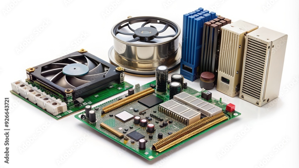 Assorted computer parts, including CPU, motherboard, RAM, and hard ...