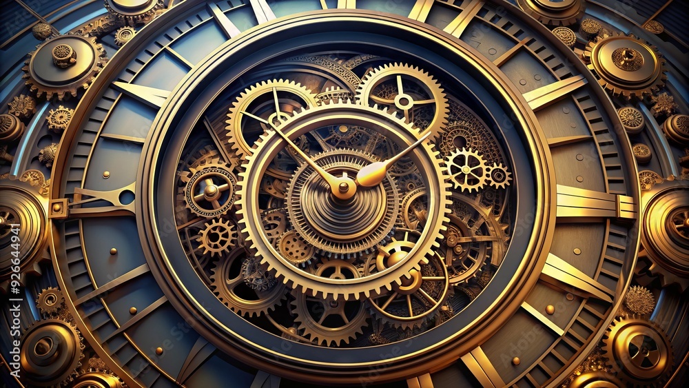 A stylized clock face with gears and cogs visible beneath the surface ...