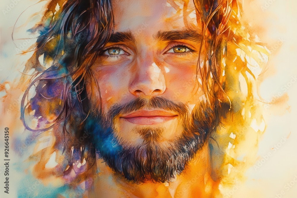 luminous watercolor portrait of smiling jesus golden light emanating ...
