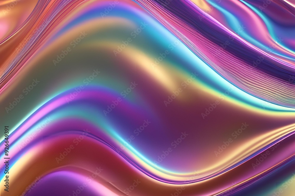 Abstract fluid iridescent holographic metalic shiny curved wave in ...