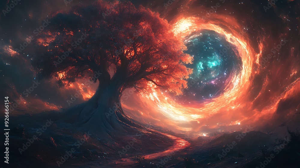 Ancient Tree and a Blazing, Starry Vortex in the Night Sky Stock Photo ...