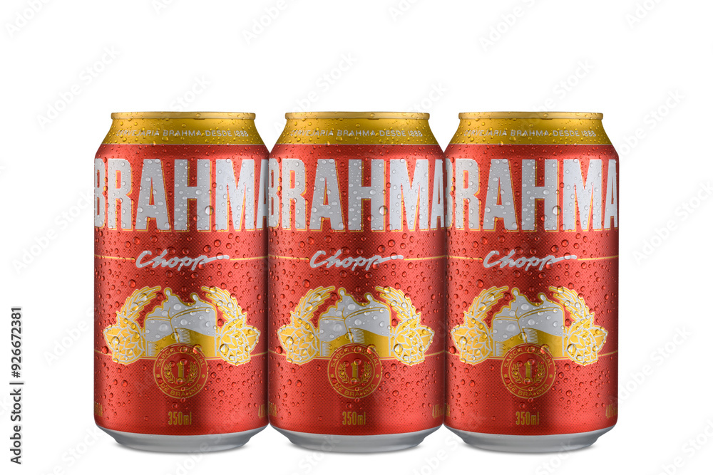 São Paulo, Brazil - August 16, 2024 Chopp Brahma, three 350 ml cans of ...