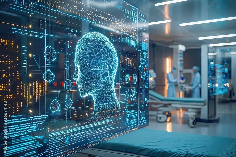 AI healthcare interface, a futuristic hospital room showcasing advanced ...