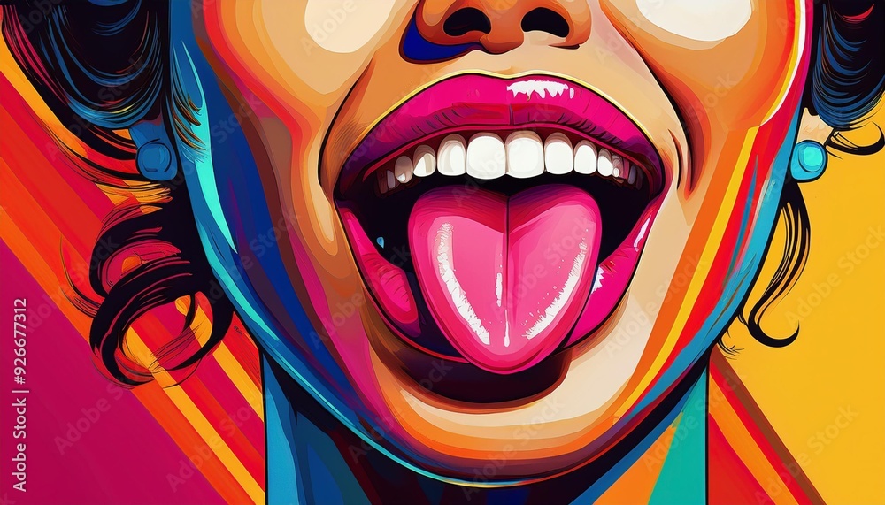 Colorful Pop Art Illustration of a Woman's Mouth Sticking Out Tongue on ...