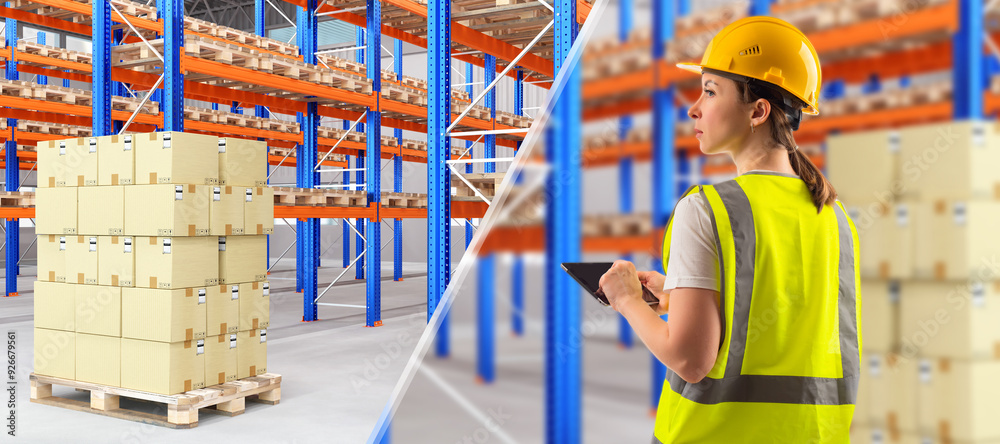 Woman warehouse employee. Storekeeper stans at workplace. Warehouse ...