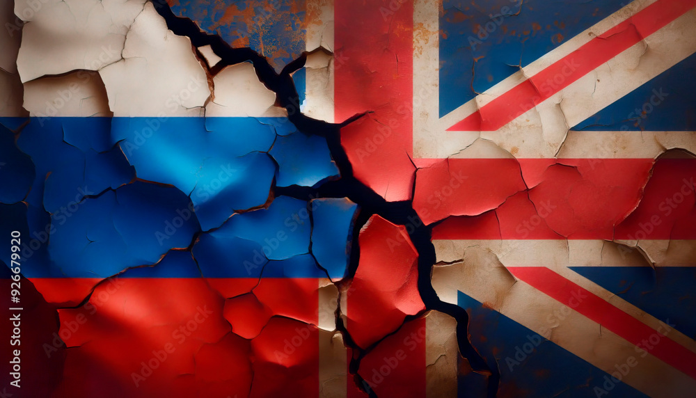 Flags of Russia and England on cracked surface. The juxtaposed flags of ...