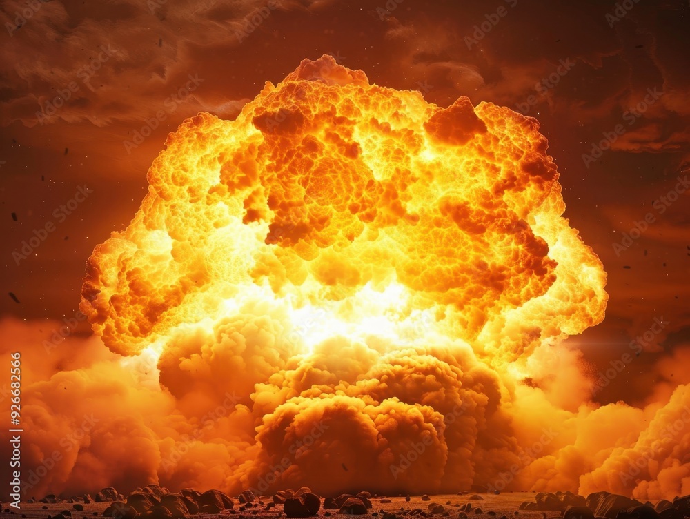 Massive explosion under a dramatic sunset sky, sending clouds and ...