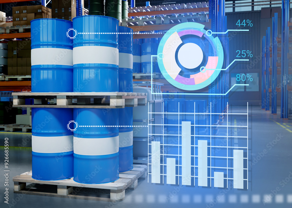 Oil barrels. Tanks with fuel on pallet. Oil is stored inside warehouse ...