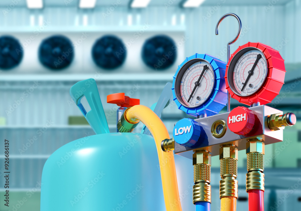 Freon for refrigeration equipment. Cylinder with refrigerant in ...